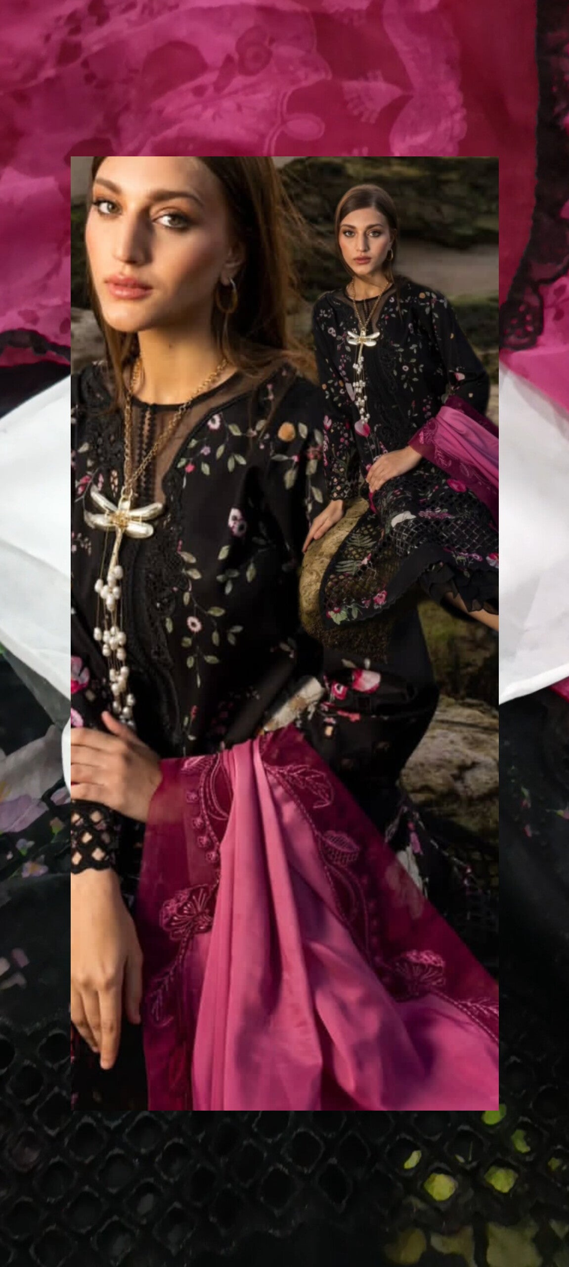 3pc crimson 5 laari patch black lawn – raisacreationz.com